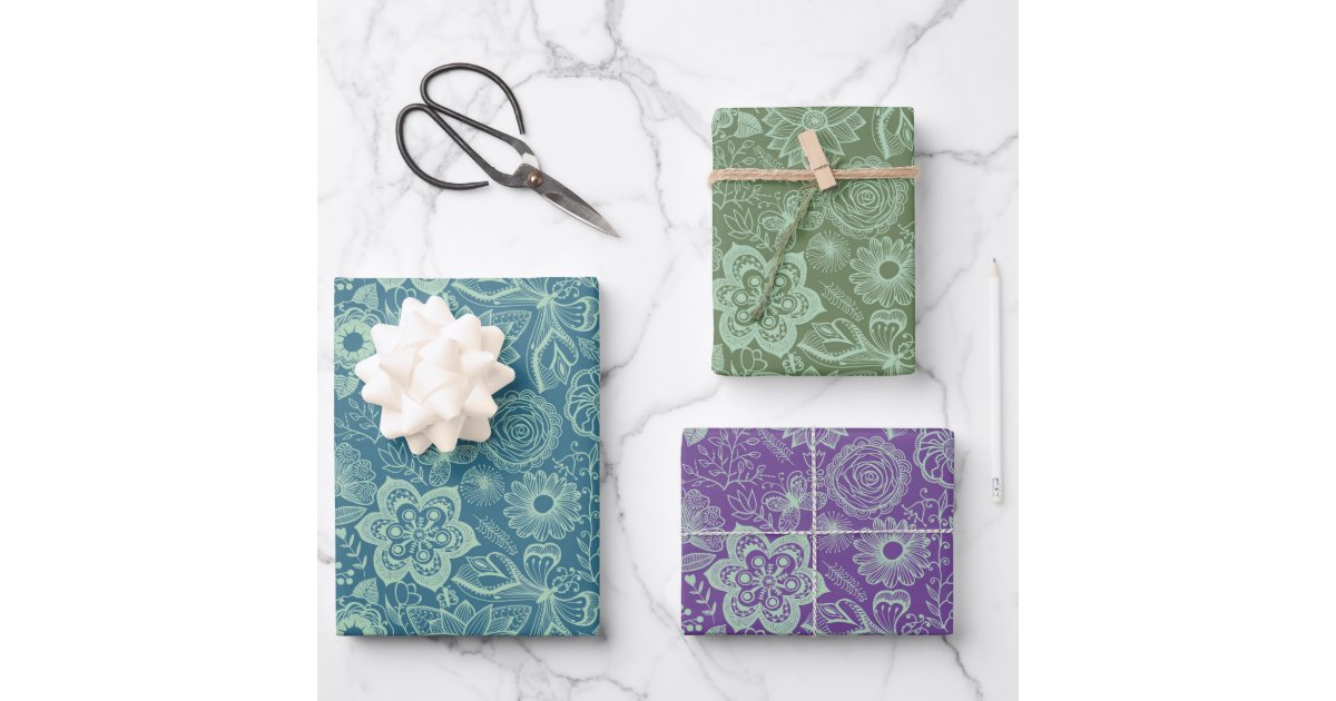 Mint-Green Floral Lace three background colors Wrapping Paper Sheets ...