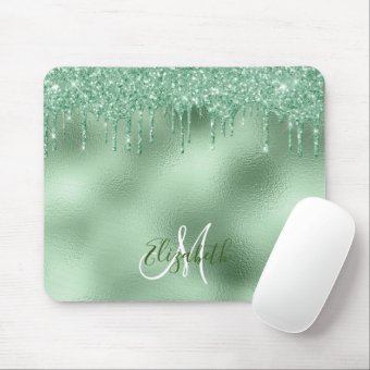 Mint Green Foil Glitter Drip Personalized Monogram Mouse Pad | Zazzle