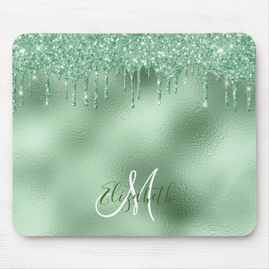 Mint Green Foil Glitter Drip Personalized Monogram Mouse Pad | Zazzle