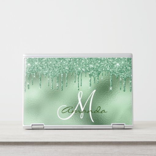 Mint Green Glitter Drips Personalized Monogram HP Laptop Skin | Zazzle