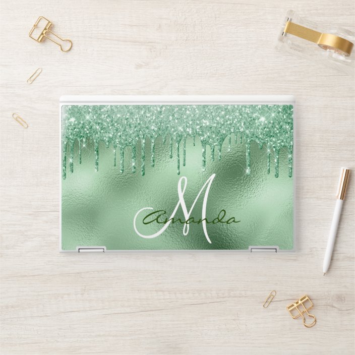 Mint Green Glitter Drips Personalized Monogram HP Laptop Skin | Zazzle.com