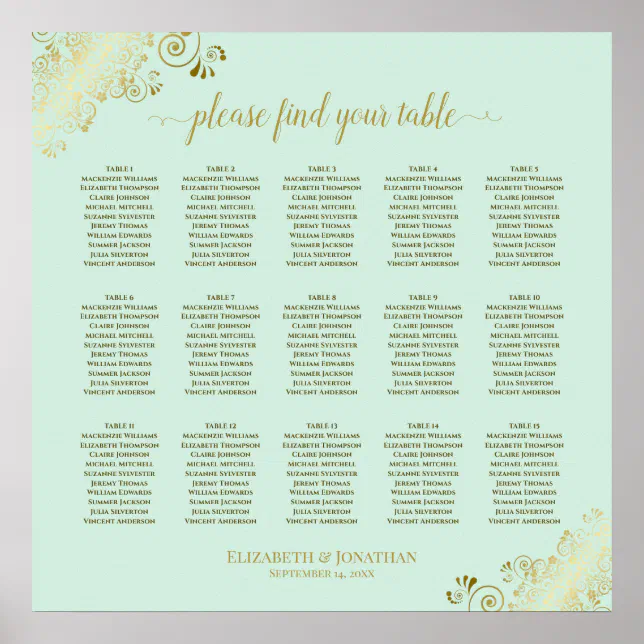 Mint Green & Gold 15 Table Wedding Seating Chart | Zazzle