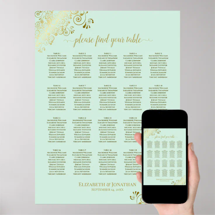 Mint Green & Gold 20 Table Wedding Seating Chart | Zazzle