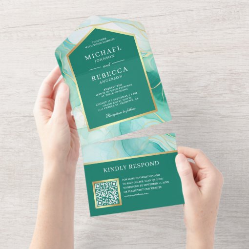 Mint Green Gold Abstract Fluid Ink QR Code Wedding All In One ...