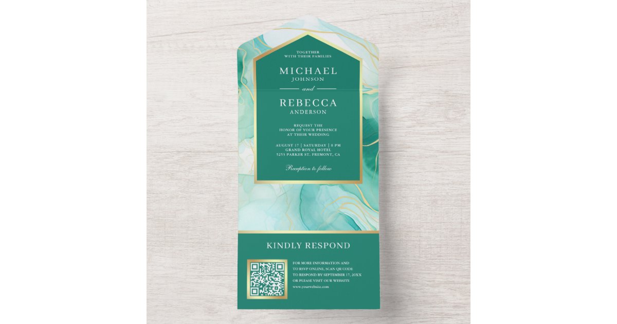 Mint Green Gold Abstract Fluid Ink QR Code Wedding All In One ...