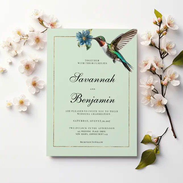 Mint green gold colorful hummingbird wedding invitation | Zazzle