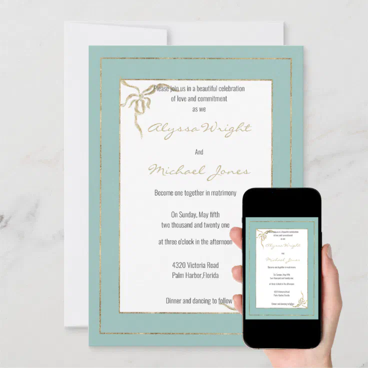 Mint green gold geometric glam bow Wedding Invitation | Zazzle