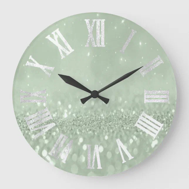 Mint Green Gray Silver Glitter Metal Roman Numers Large Clock | Zazzle
