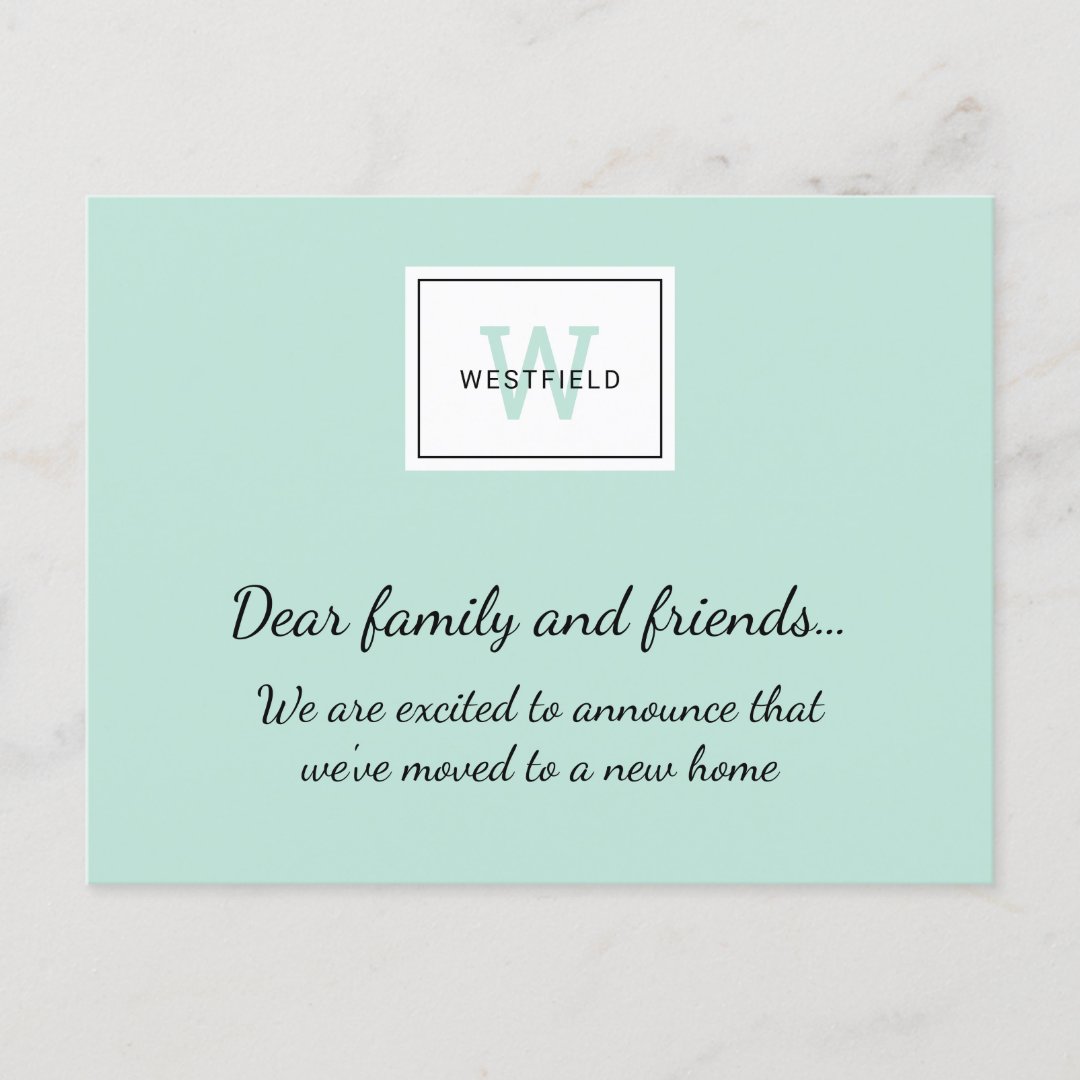 Mint Green Monogram Logo New Home Moving Announcement Postcard | Zazzle