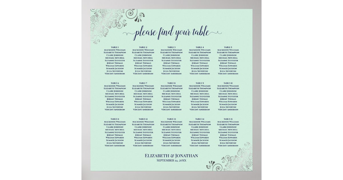 Mint Green & Navy 15 Table Wedding Seating Chart | Zazzle