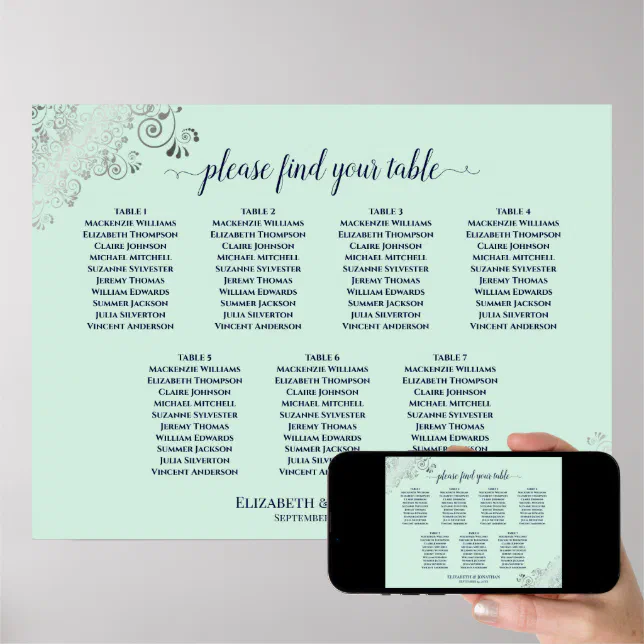 Mint Green & Navy 7 Table Wedding Seating Chart | Zazzle