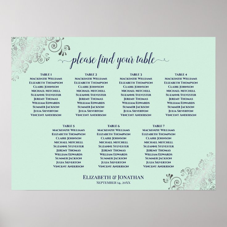 Mint Green & Navy 7 Table Wedding Seating Chart | Zazzle