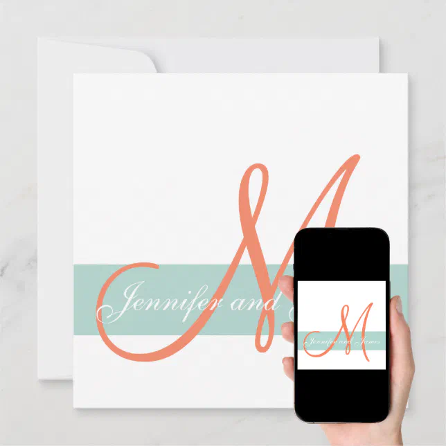 Mint Green Orange Monogram Names Simple Wedding Invitation | Zazzle