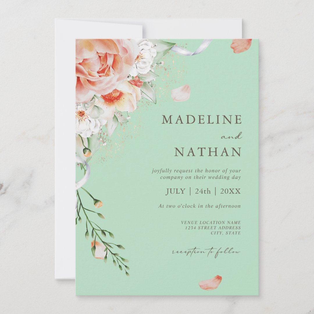 Mint Green & Peach Floral Wedding Invitation | Zazzle