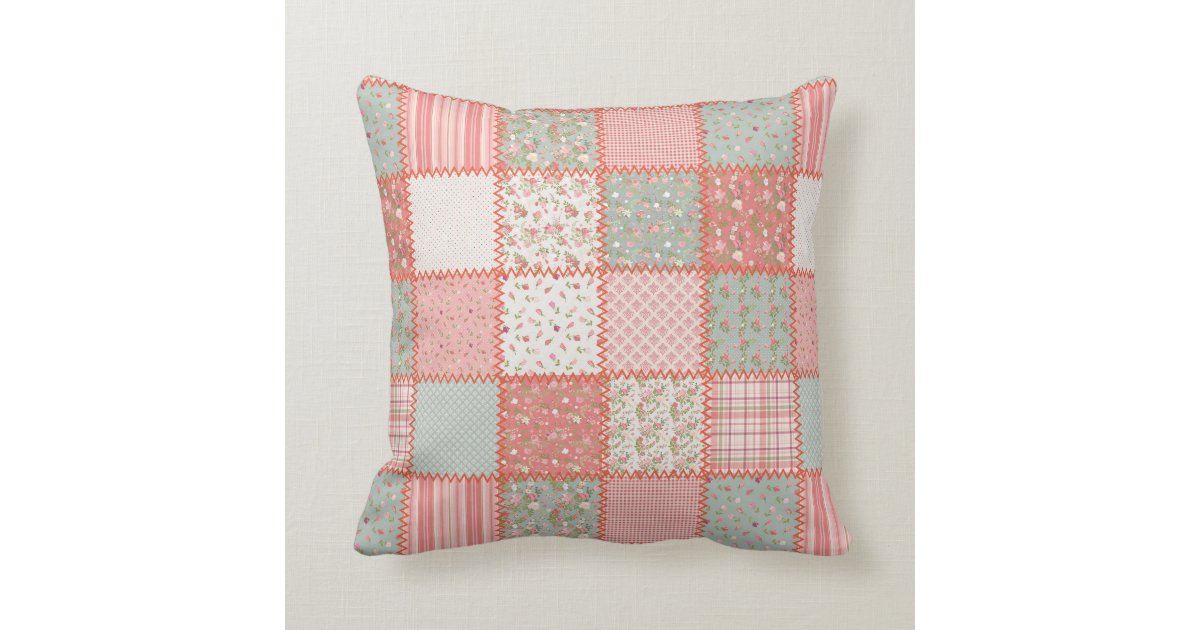 Mint Green Pink Floral Patchwork Quilt Pattern Throw Pillow | Zazzle.com