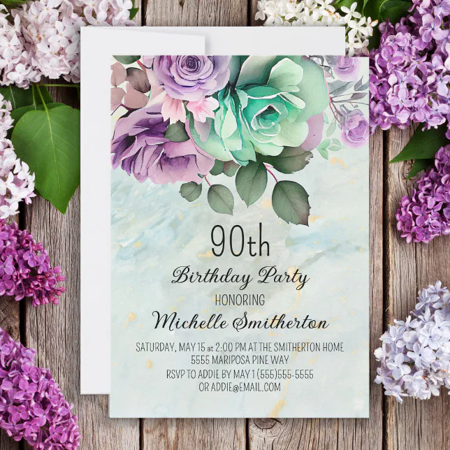 Mint Green Purple Floral Butterfly 90th Birthday Invitation | Zazzle