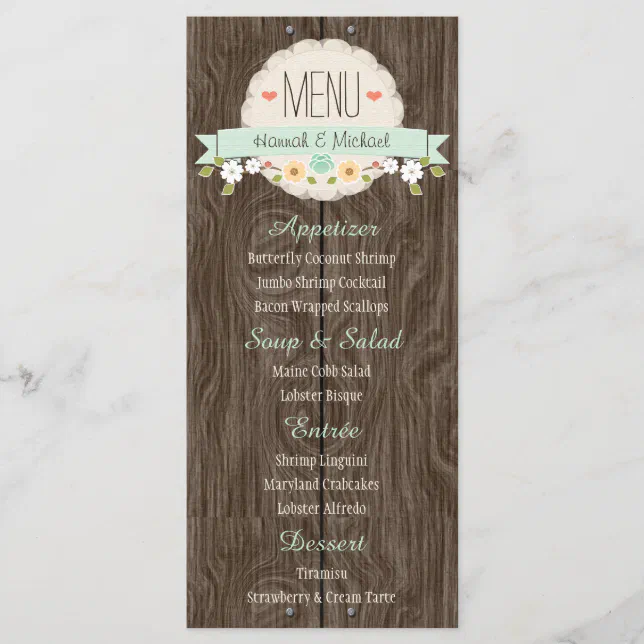 Mint Green Rustic Floral Wedding Menu Card | Zazzle