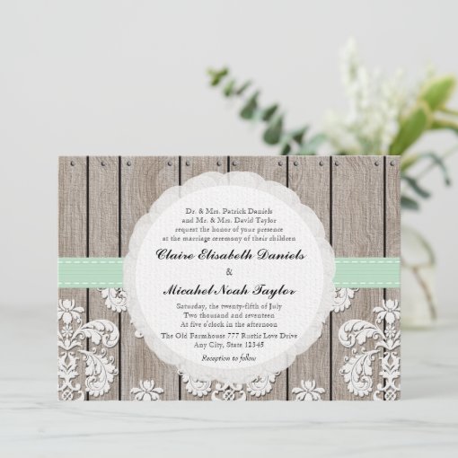 Mint Green Rustic Wood Lace Wedding Invitations | Zazzle