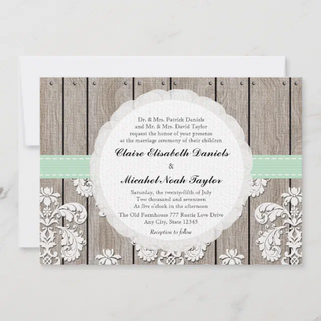 Mint Green Rustic Wood Lace Wedding Invitations | Zazzle