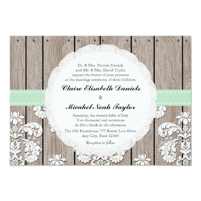 Mint Green Rustic Wood Lace Wedding Invitations | Zazzle.com