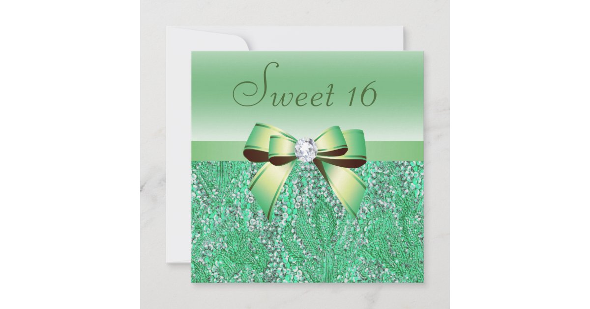 Mint Green Sequins, Bow & Diamond Sweet 16 Invitation | Zazzle