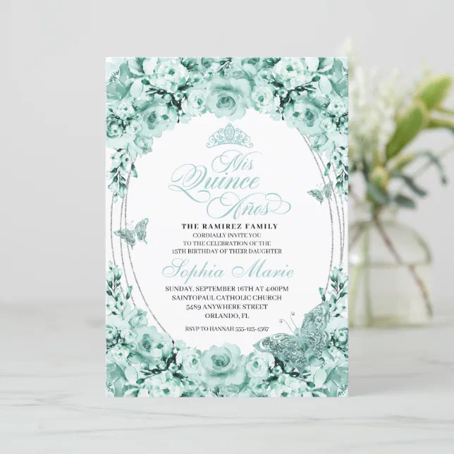 Mint Green Silver Floral Tiara Quinceanera Invitation | Zazzle