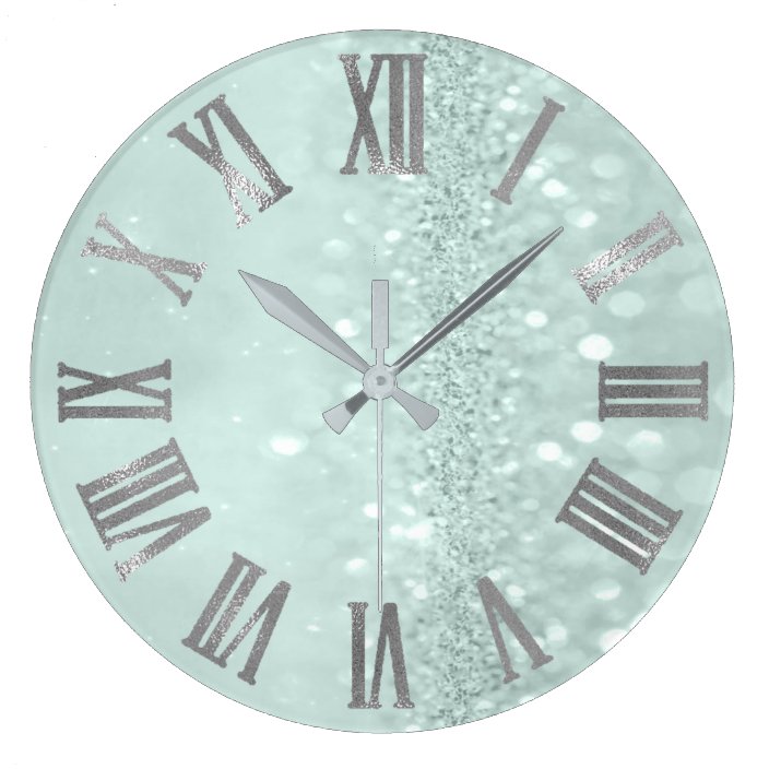Mint Green Silver Glitter Gray Roman Numbers Large Clock | Zazzle.com