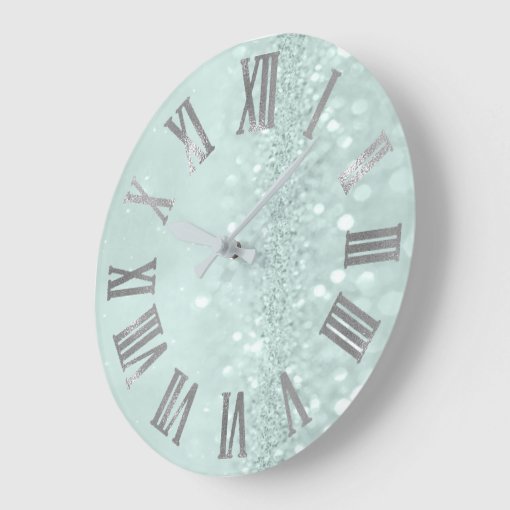 Mint Green Silver Glitter Gray Roman Numbers Large Clock | Zazzle