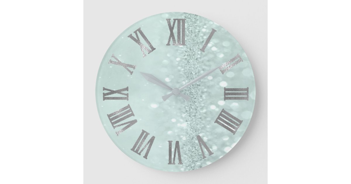 Mint Green Silver Glitter Gray Roman Numbers Large Clock | Zazzle