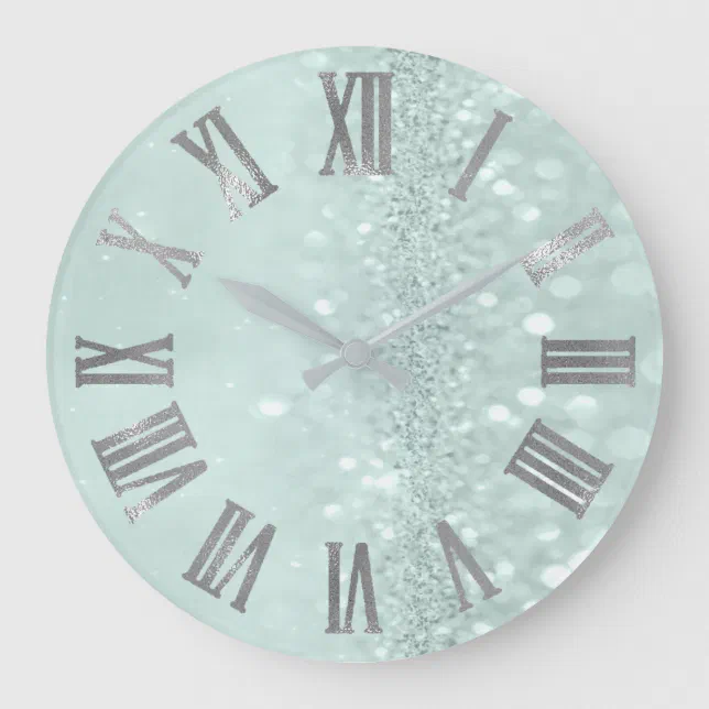 Mint Green Silver Glitter Gray Roman Numbers Large Clock | Zazzle