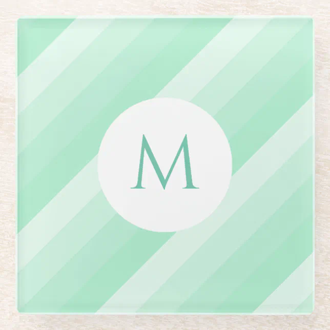 Mint Green Striped Modern Template Monogram Glass Coaster | Zazzle