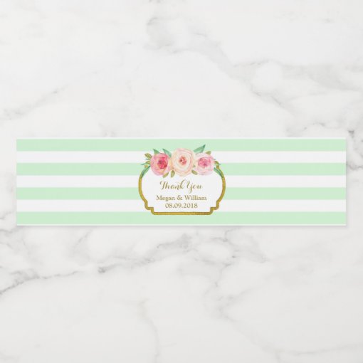 Mint Green Stripes Floral Gold Water Bottle Label | Zazzle