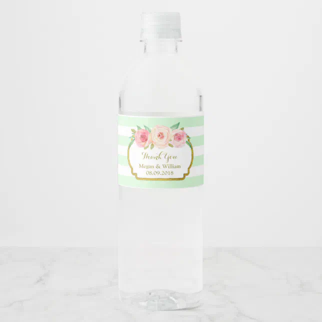 Mint Green Stripes Floral Gold Water Bottle Label | Zazzle