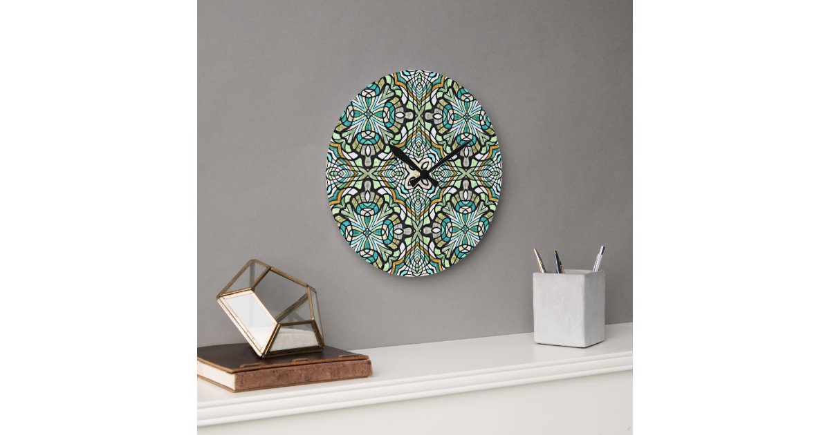 Mint Green Turquoise Hip Bohemian Bali Art Motif Large Clock | Zazzle