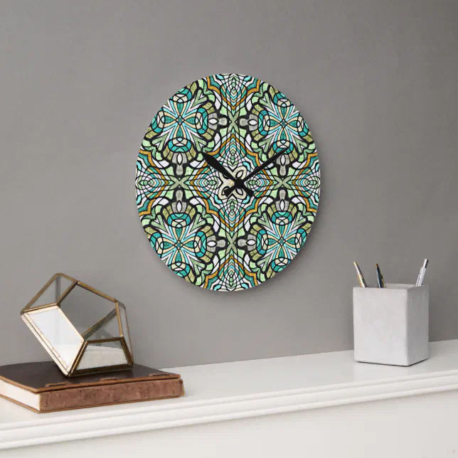 Mint Green Turquoise Hip Bohemian Bali Art Motif Large Clock | Zazzle