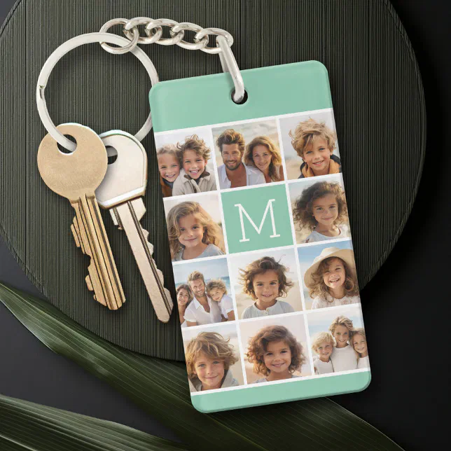 Mint Green Unique Photo Collage Custom Monogram Keychain | Zazzle