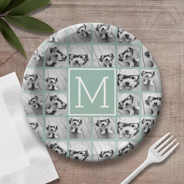 Mint Green Unique Photo Collage Custom Monogram Paper Plates | Zazzle