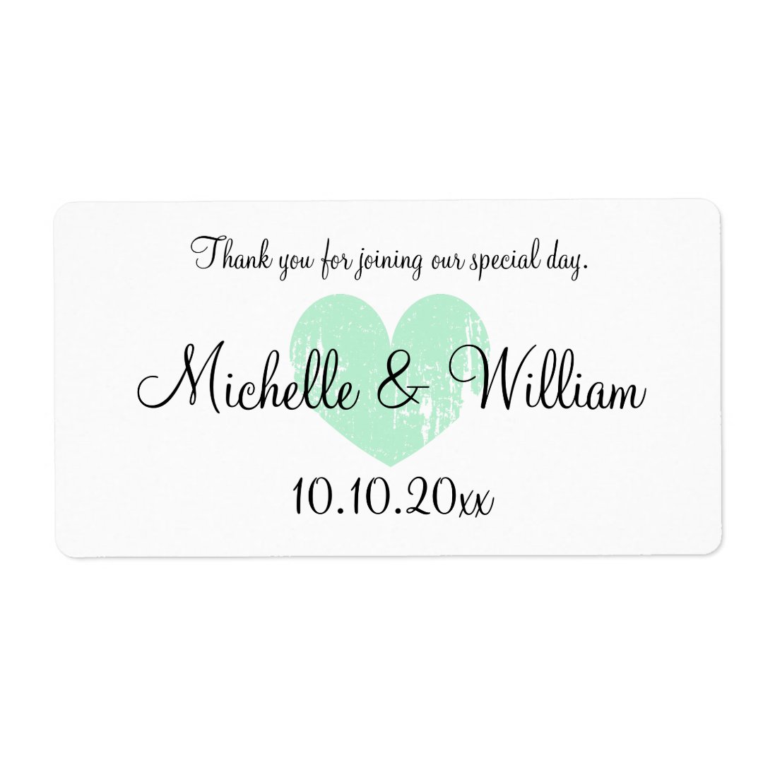 Mint heart favor wedding water bottle labels | Zazzle