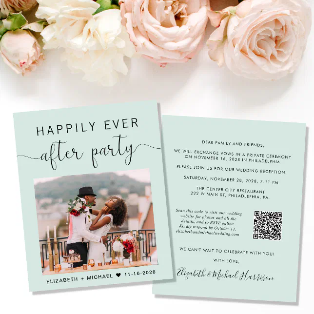 Mint Photo QR Code Wedding Reception Invitation | Zazzle