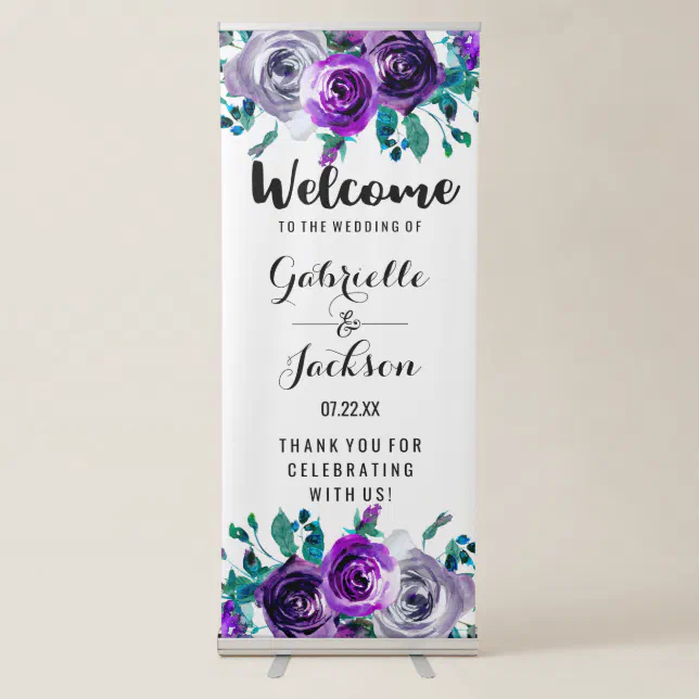 Mint & Purple Floral Watercolor Wedding Welcome Retractable Banner | Zazzle