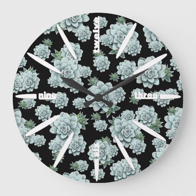 Mint Rosette Succulents Repeat Print on Black Large Clock | Zazzle