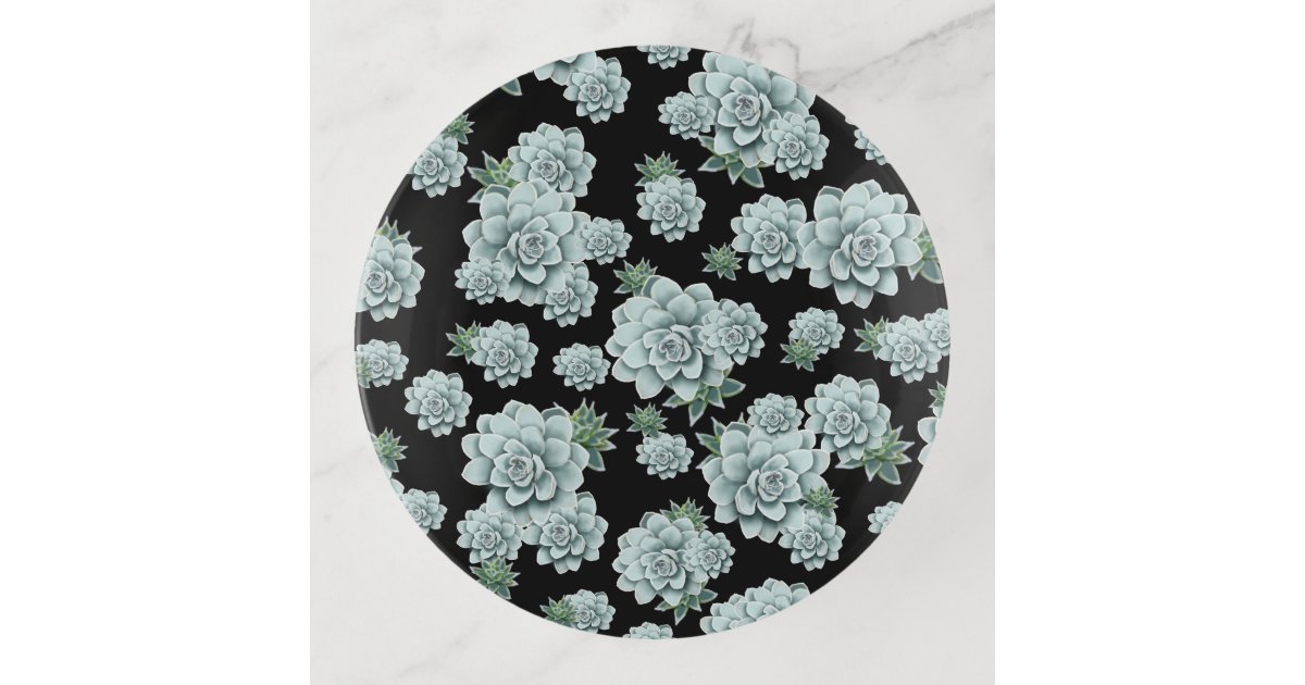 Mint Rosette Succulents Repeat Print on Black Trinket Tray | Zazzle