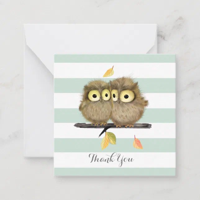 Mint Stripes Baby Owls Thank You Note Card | Zazzle