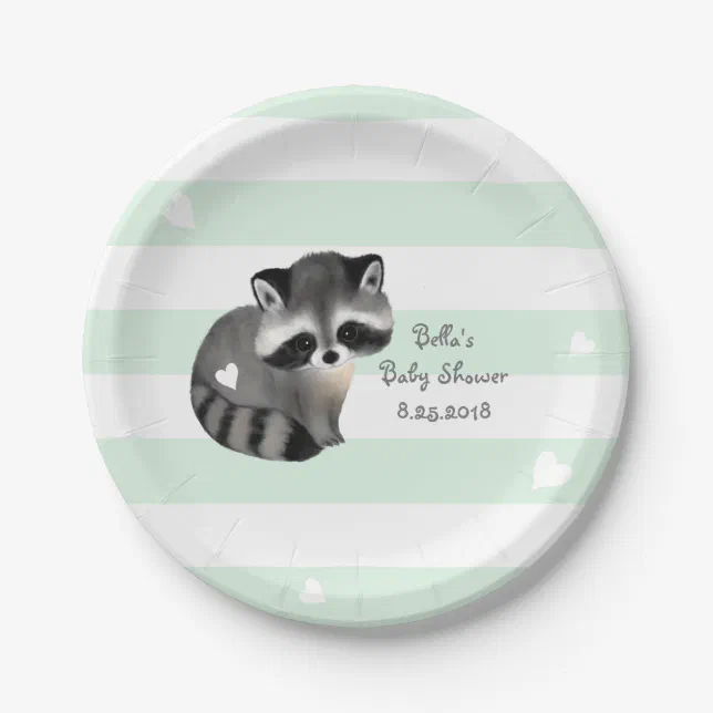 Mint Stripes Heart Raccoon Party Paper Plate | Zazzle