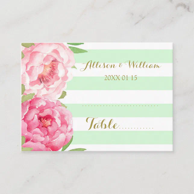 Mint Stripes Pink Floral Table Place Setting Cards | Zazzle
