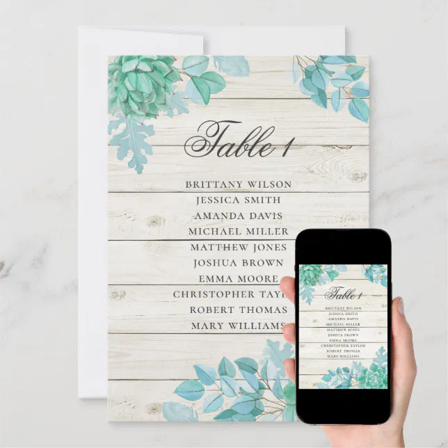 Mint succulent seating chart. Rustic wedding Invitation | Zazzle