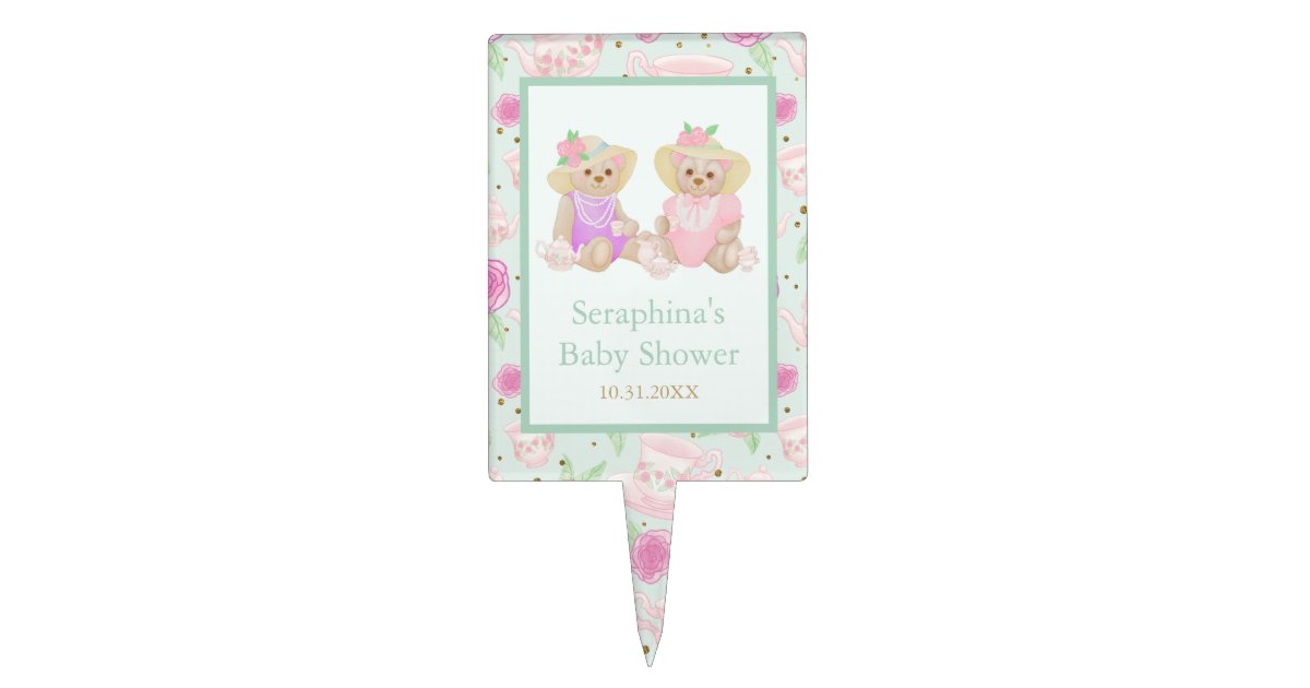 Mint Teddy Bear Tea Party Baby Shower Cake Topper | Zazzle