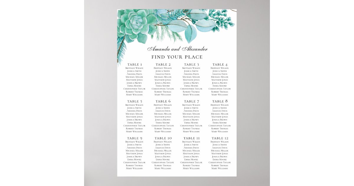 Mint wedding. Watercolor succulents seating chart | Zazzle