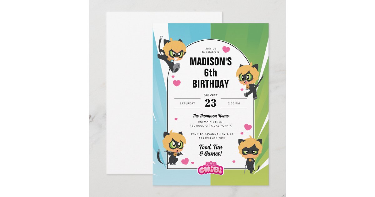 Miraculous Cat Noir Chibi Birthday Invitation | Zazzle