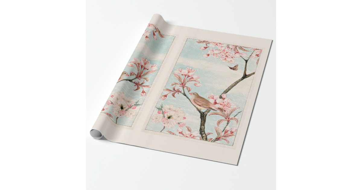 Mirrored Cherry Blossom Bird Bee Moth Decoupage Ti Wrapping Paper | Zazzle